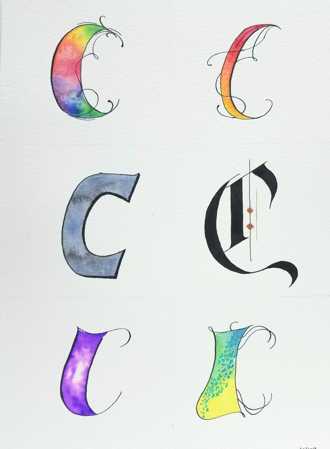 C and Candelabra, A study of letters and watercolor by Joanne Groff