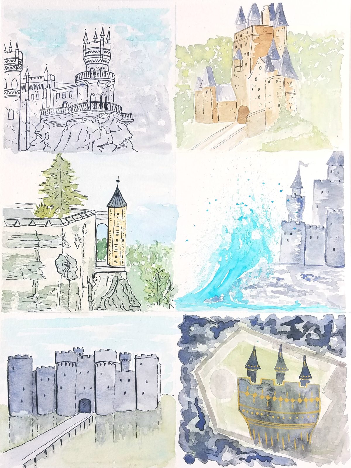 Letter F and Fortress, a lettering and watercolor study by Joanne Groff