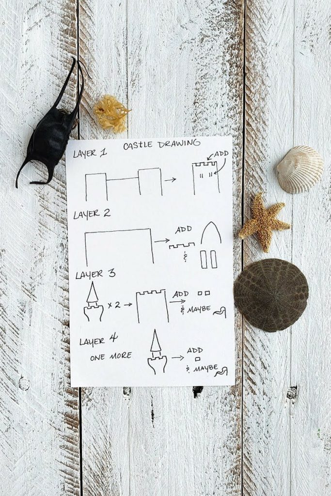 Sand Castle Drawing with a Loose Watercolor Background