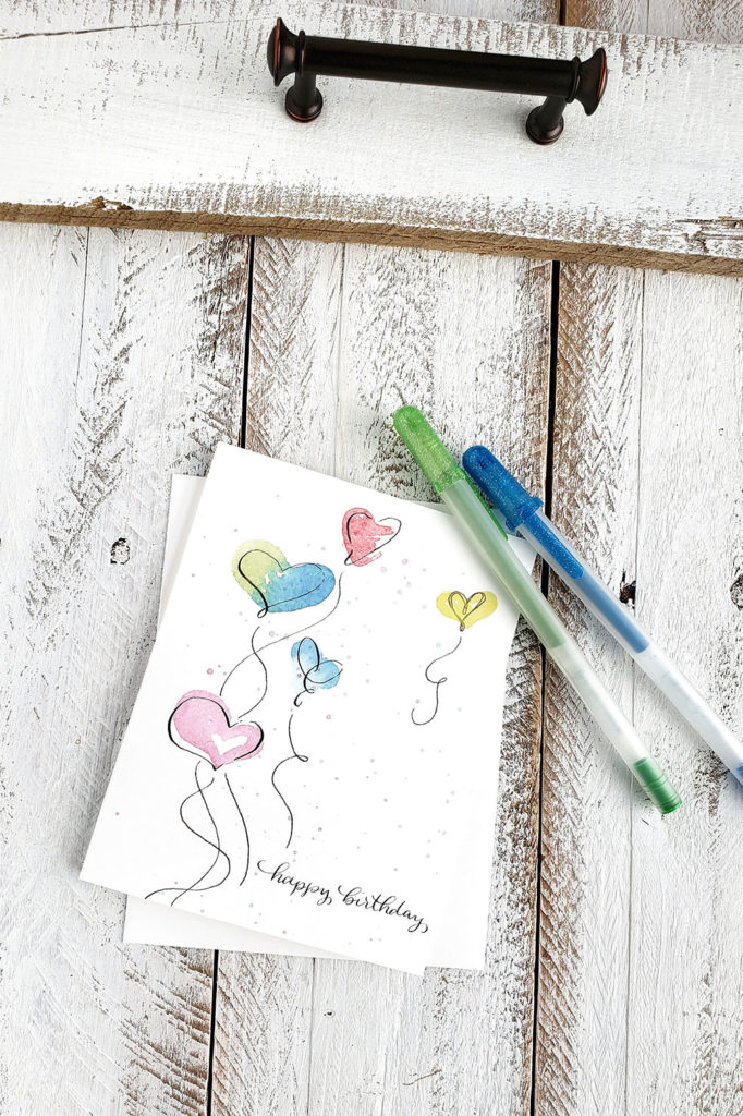 Happy Birthday Watercolor Heart Balloon Greeting Card