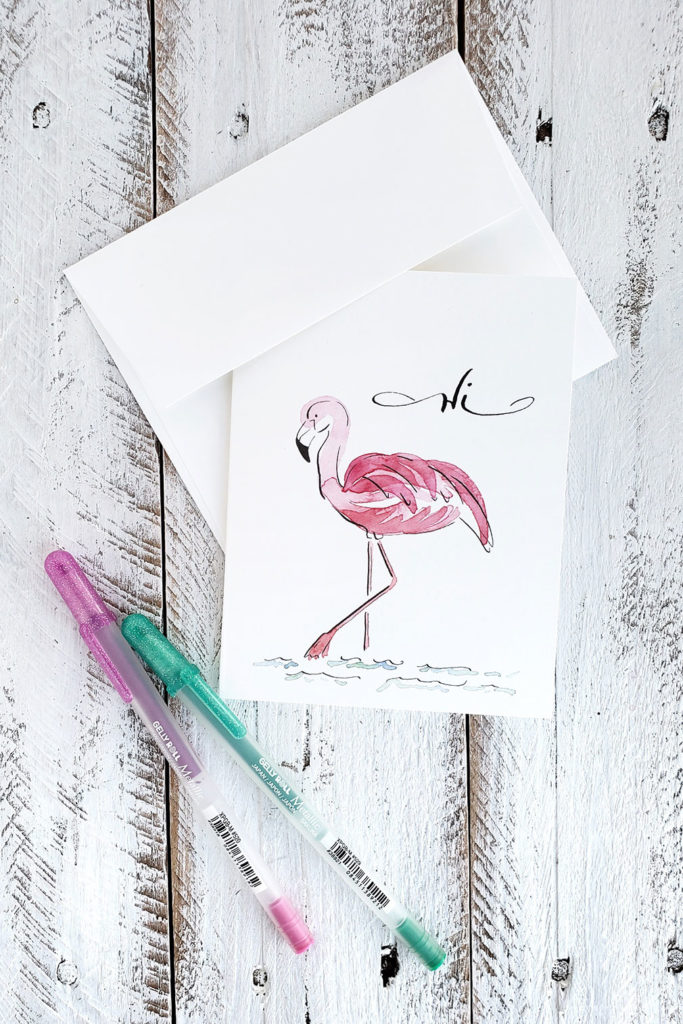 Hi Pink Watercolor Flamingo Greeting Card, blank note cards